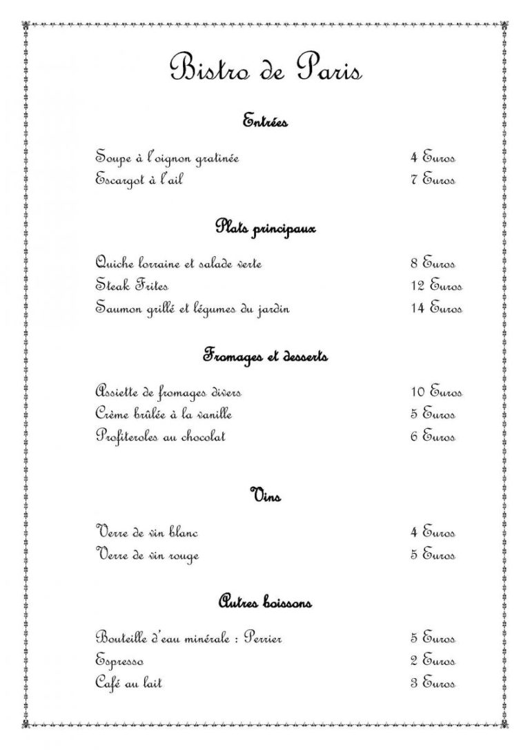 Menu Bistro de Paris – Prêt à Parler